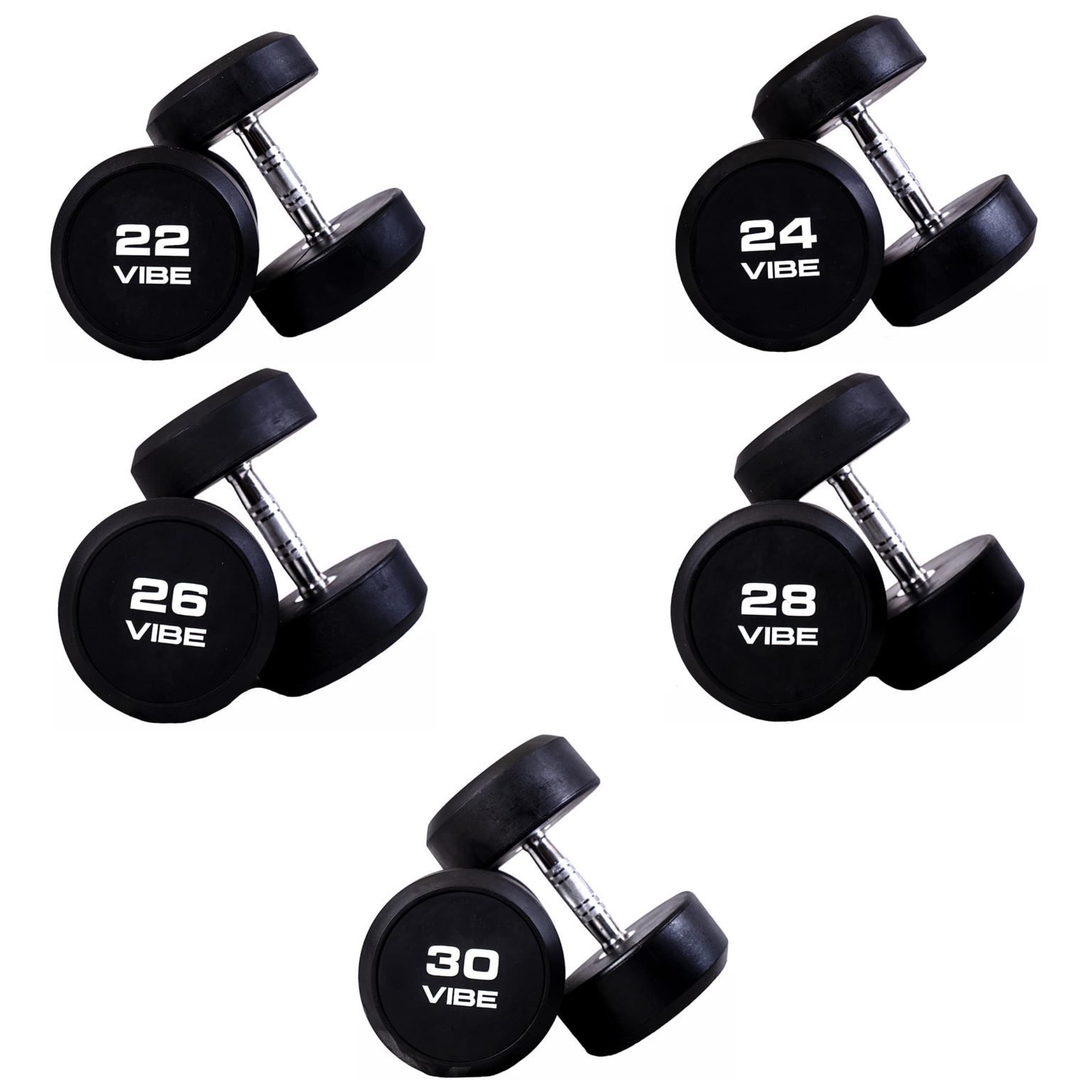 Round Rubber Dumbbells Set, 22 - 30 Kg (Pairs) - Vibe Round Rubber Dumbbells Set, 22 - 30 Kg (Pairs) - Vibe